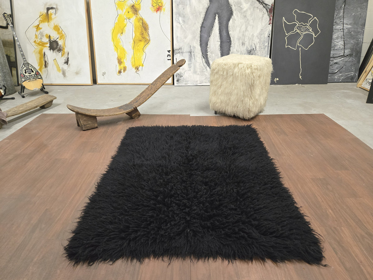 SUPER THICK 3X5 BLACK FLOKATI RUG | LONG 3.5" PILE | WOOL AREA RUG